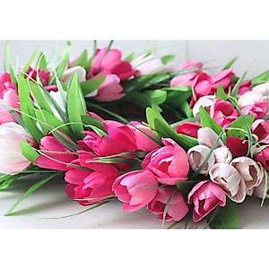 WDDH Artificial Tulip Wreath, 12inch Round Front Door Tulip Wreath with Rattan Base, Spring Tulip Floral Wreath for Wedding Arch Home Garden Decor