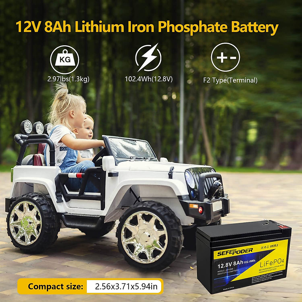 SEFEPODER 12V 8Ah LiFePO4 Lithium Deep Cycle Battery, 2000+ Cycles Rechargeable Battery for Solar/Wind Power, Lighting, Power Wheels, Fish Finder and More with Built-in 8A BMS