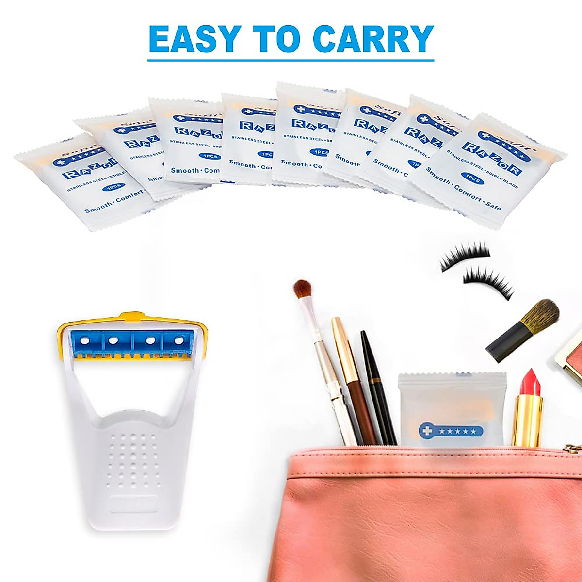 50Pcs Portable Disposable Razors, Skin Blade Razors, Individually Packaged Dry/Wet with Protection Cap, Stainless Steel Single Blade Hair Removal Prep Blade Razors for Women Men for Home&Summer Travel