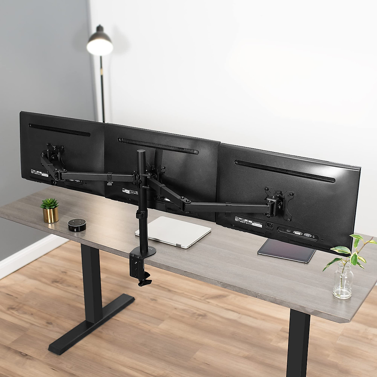 VIVO Triple Monitor Adjustable Desk Mount, Articulating Tri Stand, Holds 3 Screens up to 24 inches, Black, STAND-V003Y