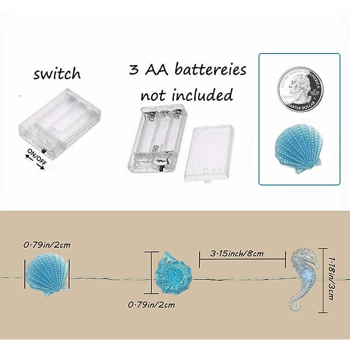 Cynzia Ocean Decor String Lights 40LED 13FT Nautical Seashell String Lights Battery Operated Fairy Lights Shell Seahorse Conch Nautical Theme Decorative Light for Bedroom Party Indoor Wedding Decor