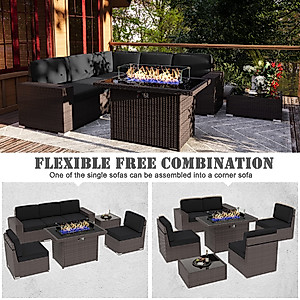 Vakollia 7 Pieces Patio Furniture Set with 44" Propane Gas Fire Pit Table, Outdoor Sectional Brown Rattan Wicker Conversation Sofa Sets with Coffee Table