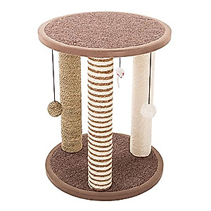 Cat Scratching Post - 3 Scratcher Posts with Carpeted Base Play Area and Perch - Furniture Scratching Deterrent for Indoor Cats by PETMAKER (Brown)