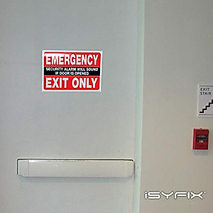 iSYFIX Emergency Exit Only Stickers – 2 Pack 10x7 Inch – Premium Self-Adhesive Vinyl, Laminated UV, Weather, Scratch, Water & Fade Resistance, Security Alarm Will Sound if Door is Opened Sign