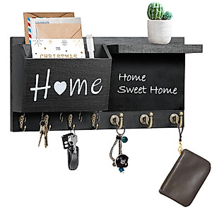 RELBRO Key Holder for Wall, Black Wooden Key Mail Holder with Chalkboard Wall Mount Key Rack with Shelf Mail Sorter Organizer with 12 Key Hooks Wall Decorative for Doorway Entryway Hallway