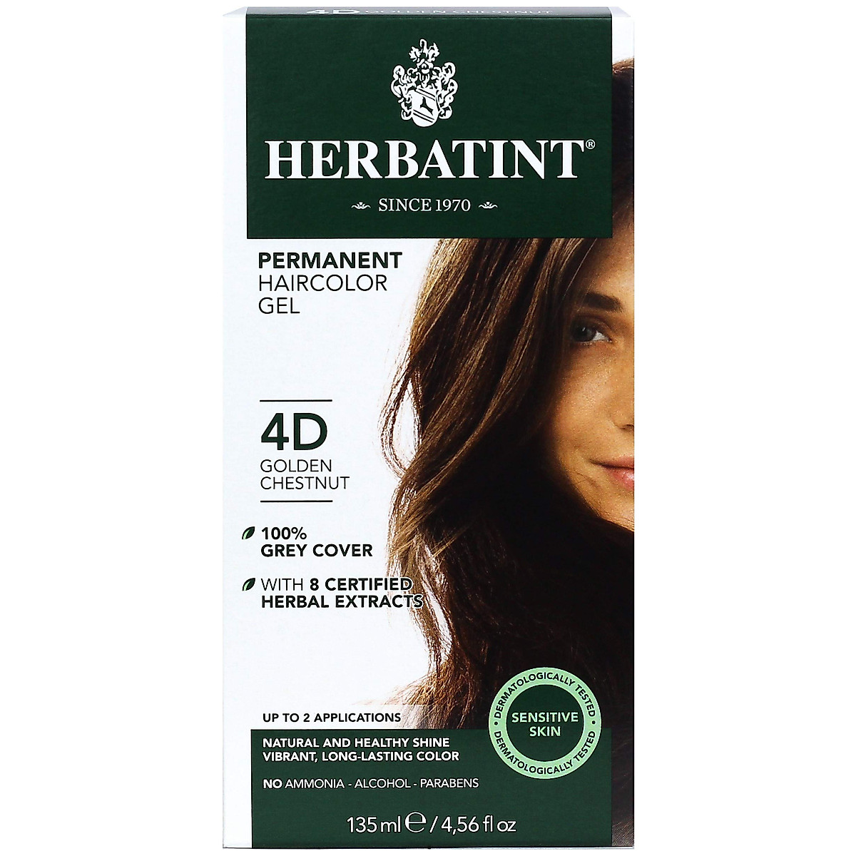 Herbatint Permanent Haircolor Gel, 4D Golden Chestnut, Alcohol Free, Vegan, 100% Grey Coverage - 4.56 oz