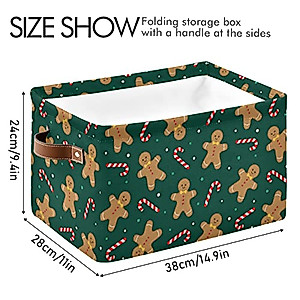 xigua Christmas Candy Gingerbread Man Storage Basket Foldable Storage Bin Canvas Rectangular Storage Basket with Leather Handles for Home Closet & Office Decoration