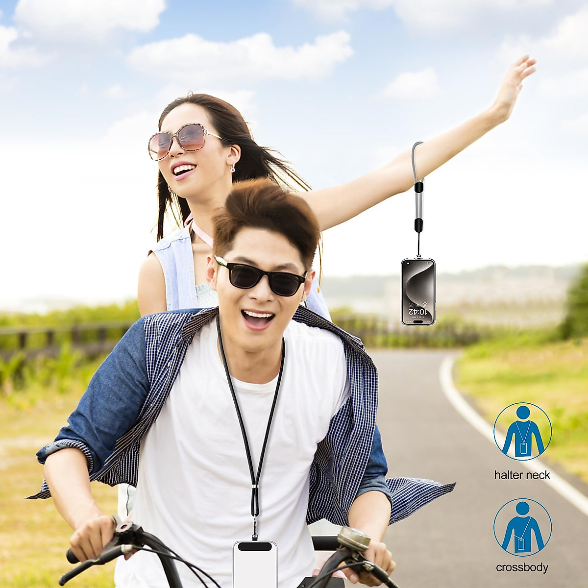 takyu Phone Lanyard, 2 Pack Adjustable Cell Phone Lanyard Crossbody Neck Strap & 2 Pack Phone Wrist Strap with Tether Tabs Compatible for iPhone Android Smartphones-Black Grey