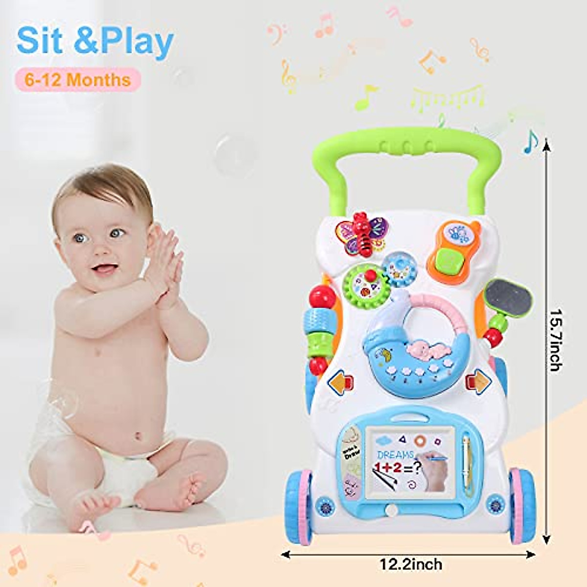 2 in 1 Sit to Stand Baby Walker with Music and Light, Toddler Push Toys for Learning to Walk, with Removable Drawing Board, Music Piano, Mini Phone for 6 Months Up Baby Boys Girls