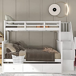 Harper & Bright Designs bunk Bed Twin Over Full Size with Drawers,Storage Shelf and Stairway Wood Bunk Beds for Kids and Teenagers,Kids Bed with Full-Length Guard Rail,No Box Spring Needed, White