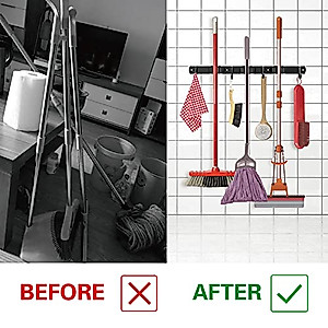 Charmount Mop and Broom Hanger Wall Mount - Mop and Broom Holder Wall Mount- Heavy Duty Broom Storage Rack Hook for Laundry Room, Garden,Garage (Black)