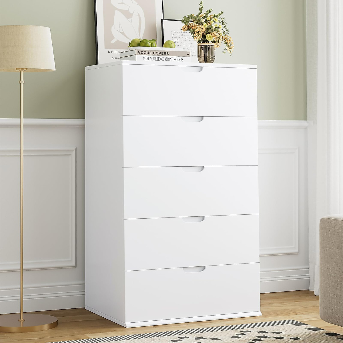 FOTOSOK 5 Drawer Dresser, White Dresser Modern Dresser Wood Chest of Drawers with Closed Cut-Out Handles, 23.6L x 17.3W x 39.4H Inch Tall White Dresser for Home Office