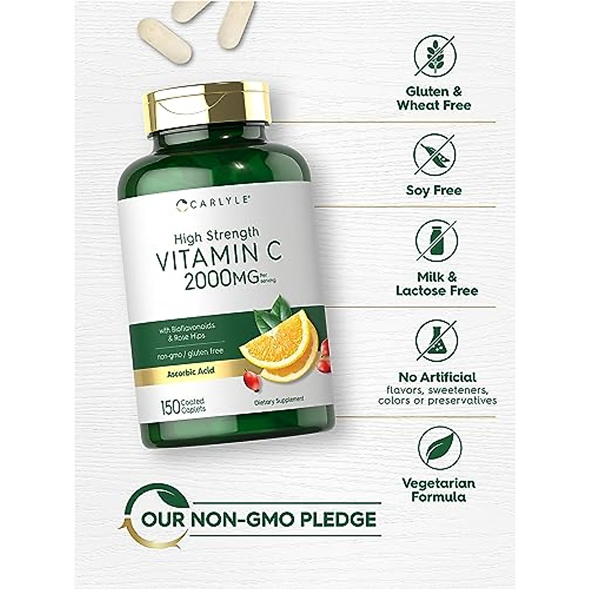 Vitamin C 2000mg | with Rose Hips | 150 Caplets | Vegetarian, Non-GMO, Gluten Free Supplement | by Carlyle