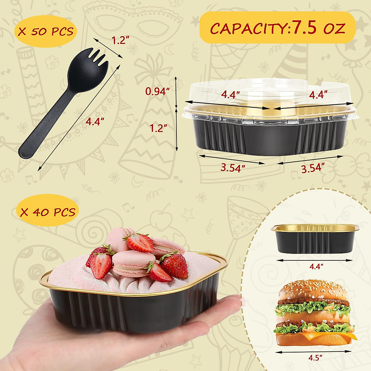 LNYZQUS 7.5oz Cupcake Mini Cake Pans With Lids 40 Pack, Aluminum Cupcake Liners Brownie Baking Pans,Square 4”x4” Disposable Ramekins Creme Brulee Cups,Jumbo Muffin Tin Holders-Black In Gold