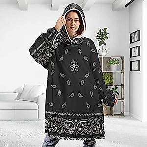 Wearable Blanket Hoodie, Classic Bandana Print Paisley Fuzzy Soft Oversized Blanket Sweatshirts for Women Men, Large Warm Cozy Plush Fleece Hooded Blankets with Pocket for Adults Teens