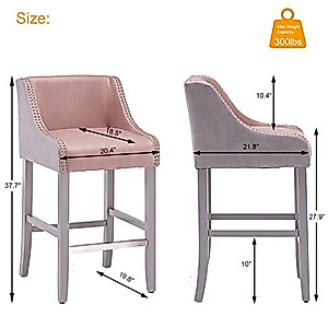 Pink Bar Stools Set of 2, 28 Inch Modern Bar Height Stools with Back and Nailhead Trim, Upholstered Farmhouse Bar Stool Bar Chairs for Kitchen Island, Home Bar Pub, Pink and Gray