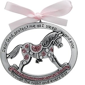 Oskal Sweet ROCKING HORSE Crib Medal for Baby GIRL with PRAYER Verse PEWTER Finish - CHRISTENING/SHOWER GIFT - Baptism KEEPSAKE w/PINK RIBBON - INFANT - Newborn (Original Version)