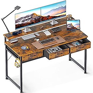 ODK 55 inch Computer Desk with Drawers, Home Office Desk with Adjustable Monitor Stand, Modern Work Study Writing Table Desk, Vintage