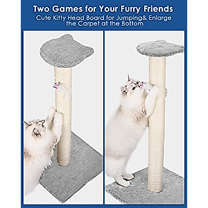 SEIOHW Cat Scratching Post, 32" Scratch Post with Sisal Rope, Tall Cat Scratcher with Bell Mouse Toy & Cat Head Perch, Scratching Post for Indoor Cats (Light Grey)