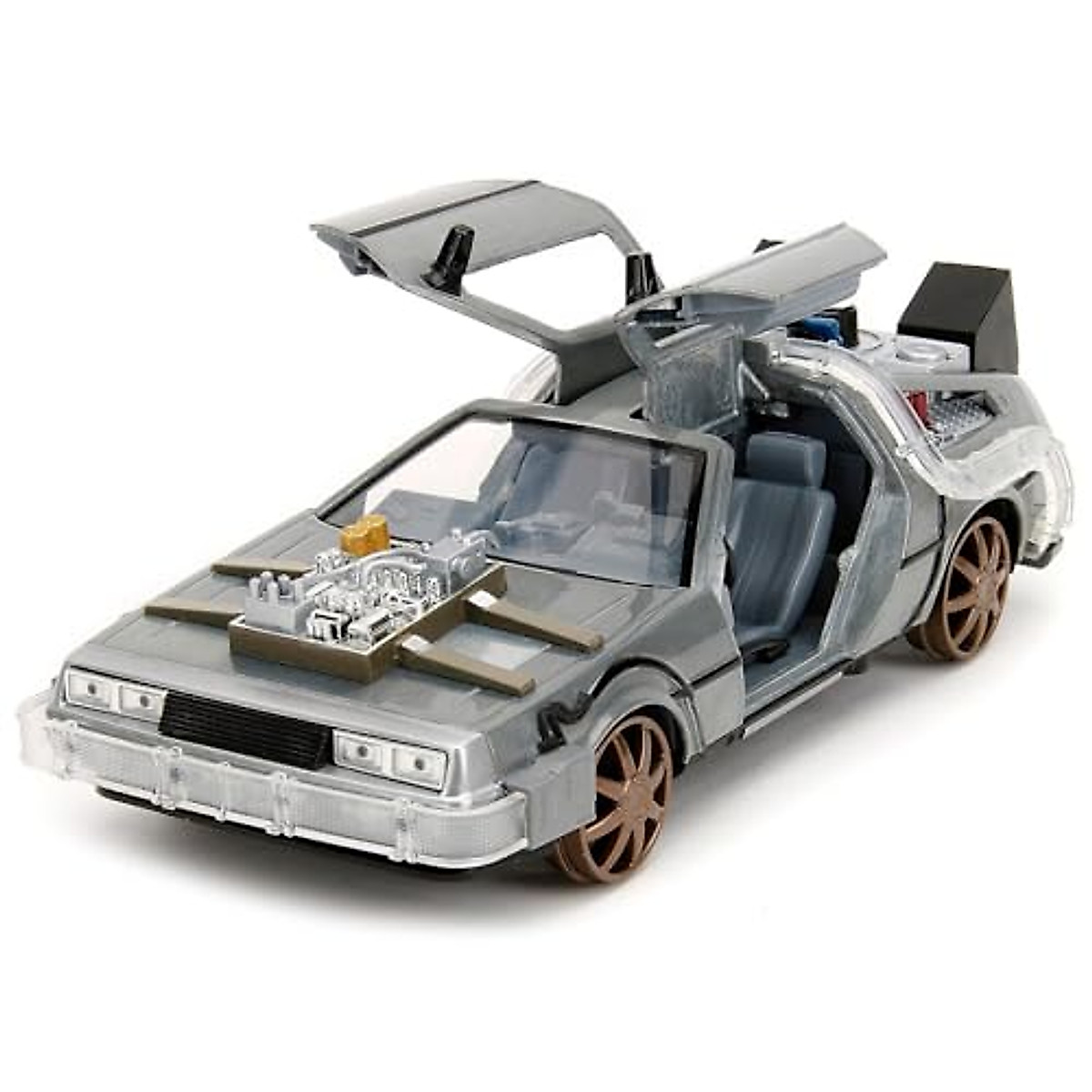 Delorean Brushed Metal Time Machine (Train Wheel Version) with Lights Back to The Future Part III (1990) Movie Hollywood Rides Series 1/24 Diecast Model Car by Jada 34996