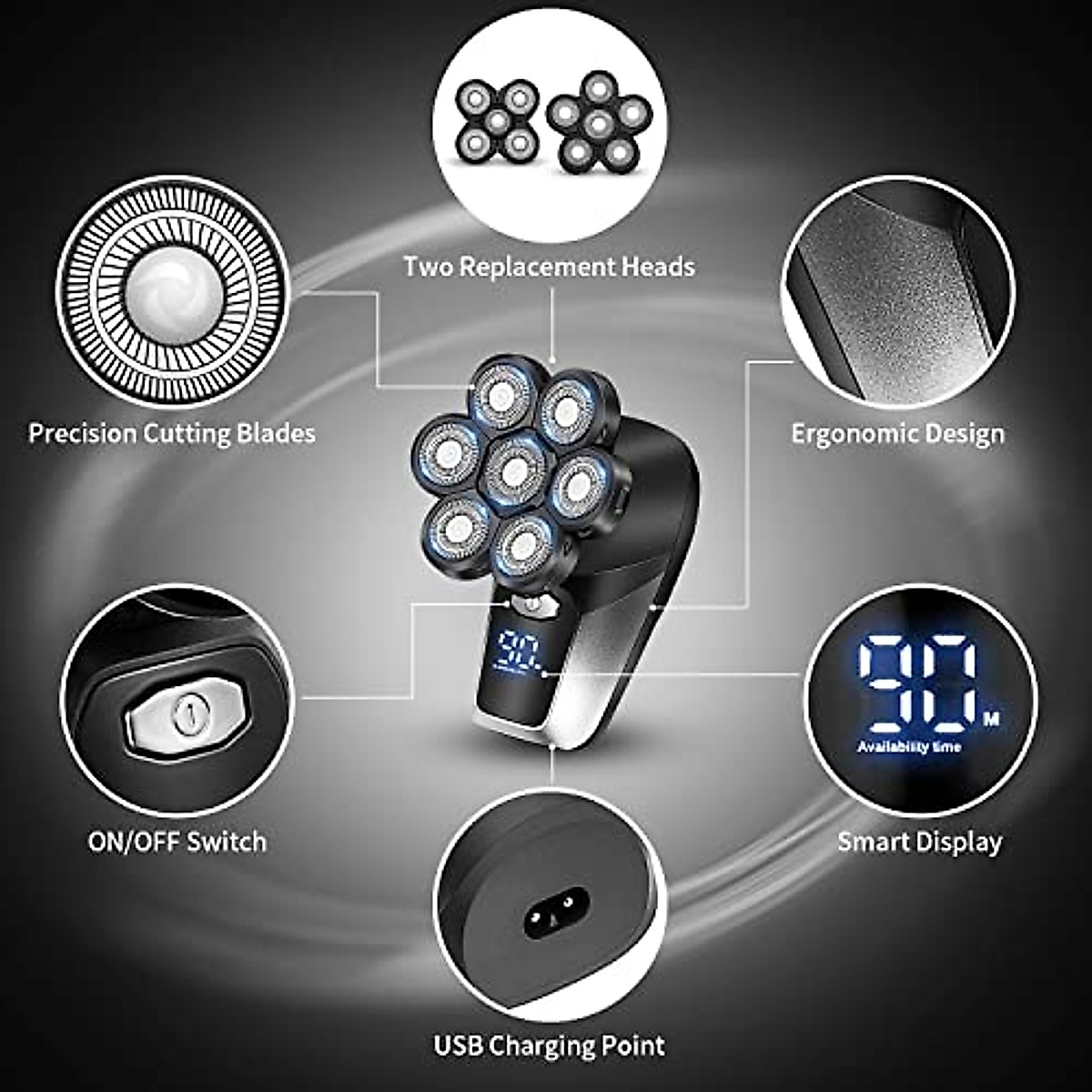 vsmooth Head Shavers for Bald Men Rotary Shavers Multifunctional Close Face Shaving for Man Cordless Electric Shaver for Balding Head Men Waterproof Electric Razor Mens Rechargeable Bald Head Shavers