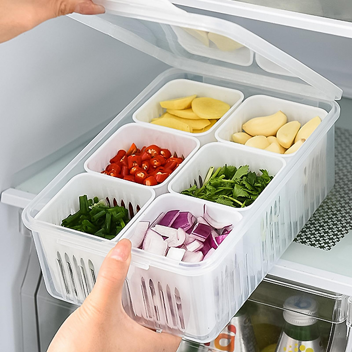 Bhtqdnq Food Storage Containers with Lids Airtight, Fridge Fresh-Keeping Container with 6 detachable small boxes, Portable Divided Fruit Storage Container Onion Ginger Garlic Cherry Storage (6 boxes)