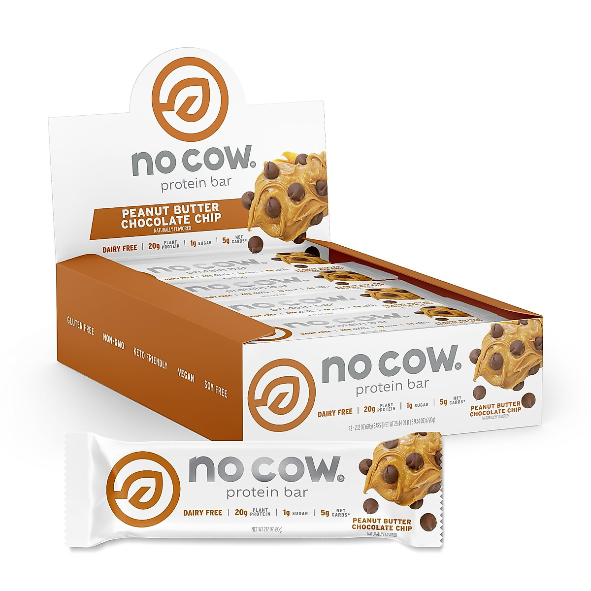 No Cow Peanut Butter Chocolate Chip Snack Food Bar, 12 Count, 20g Plant Protein, 1g Sugar, 19g Fiber, 190 Calories per Serving, Gluten Free, Dairy Free, Non-GMO, Soy Free, Kosher