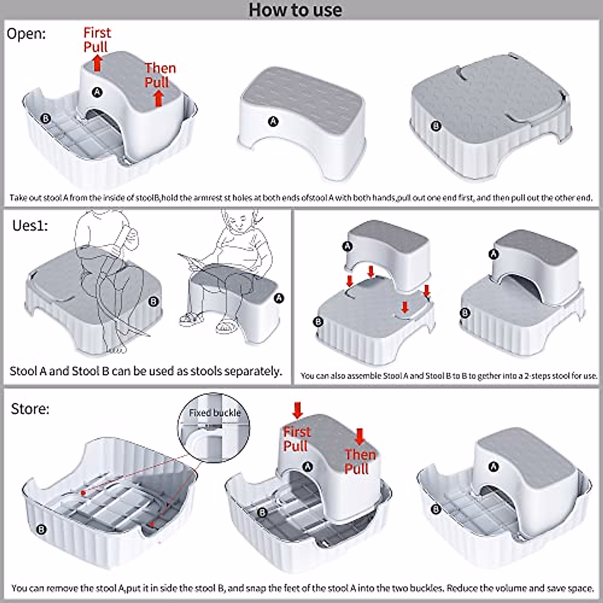 Beideli 2-in-1 Toddler 2 Step Stool – Elegant Double Up Step Stools for Kids Anti-Slip Toddler Two Stepping Stool for Bathroom Sink Kitchen and Toilet Potty Training (White)
