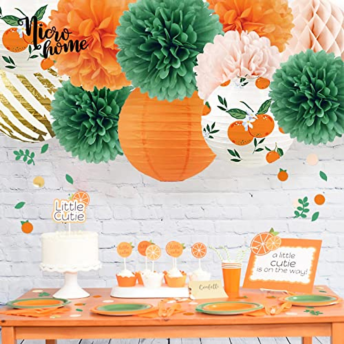 NICROHOME Little Cutie Baby Shower Decorations, 12 PCS Orange Green Tissue Pom Poms Citrus Paper Lanterns Confetti 50G for Summer Party, Birthday, Fruit Party