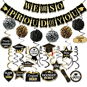 Black and Gold Graduation Party Decorations 2022 - We Are So Proud Of You Banner, NO DIY | Graduation Swirls, Black and Gold Graduation Decorations 2022 | Class of 2022 Congratulations Decorations