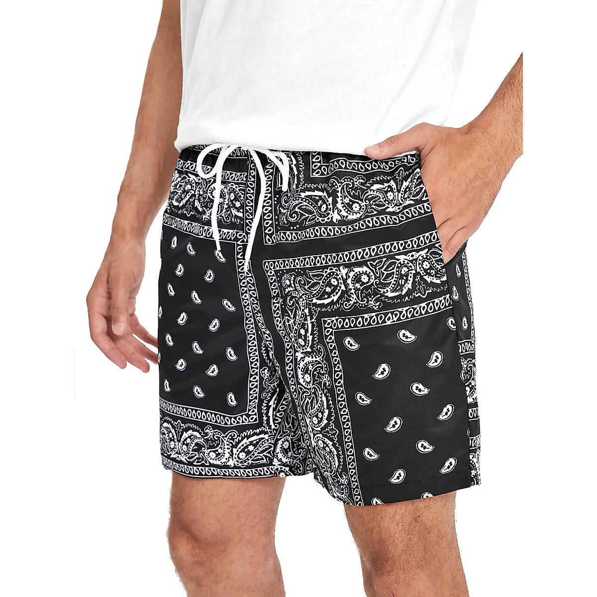 Floerns Men's Boho Tribal Print Drawstring Waist Summer Shorts with Pocket Black & White Paisley S