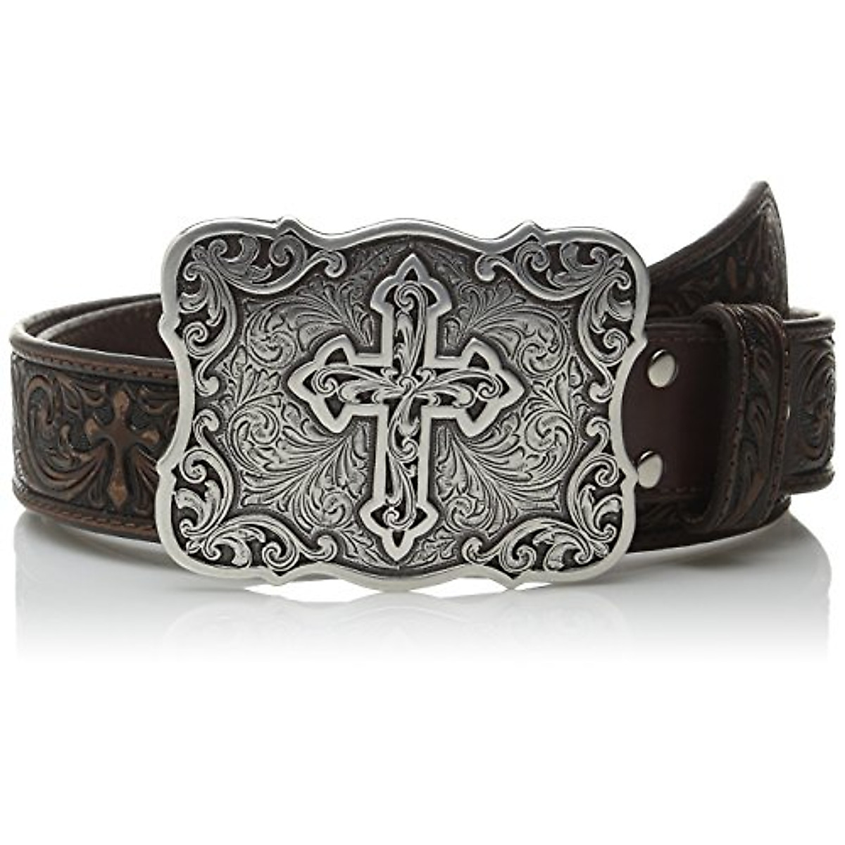 Nocona Belt Co. Women's Nocona Scroll Embose Cross Buckle Belt, Brown, Small