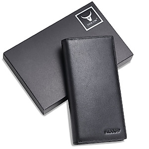 HISCOW Bifold Long Wallet with 15 Credit Card Slots - Italian Calfskin (Black)