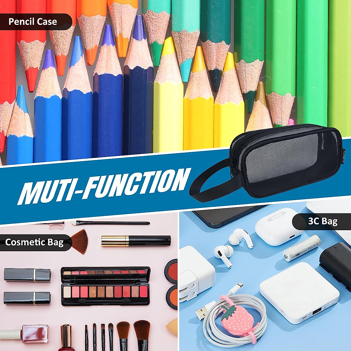 Aosbos Mesh Pencil Case, Clear Pencil Pouch Pencil Bags, Transparent Pen Holder Bag, Multi-Purpose Organizer Box with Portable Strap, Black