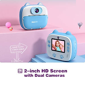 Dragon Touch Instant Print Camera for Kids, Digital Camera for Kids with Print Paper, Kids Camera with 1080P 2 Inch Color Screen, Selfie Video Camera for Kids 3-12 Years Old (Blue)