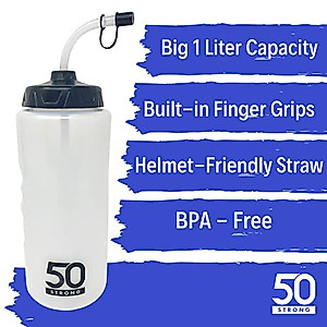 1 Liter Water Bottle with Straw | Hockey Water Bottle with Long Straw | Easy Squeeze Bottles + Built In Finger Grip | BPA-Free Sports Water Bottle for Football, Lacrosse & Boxing | Made in USA