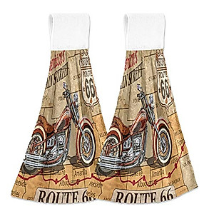 Alaza Vintage Route 66 Motorcycle Poster Hanging Kitchen Hand Towels with Loop Super Absorbent Hand Towels Machine Washable 2 Piece Sets