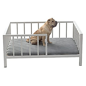 OSCHF Dog Bed with Rails - Elevated Pet Metal Bed Frame with Solid Wood Board and Washable Soft Mat for Medium Dog Indoor or Outdoor Use, 25.2" x 37.8", White