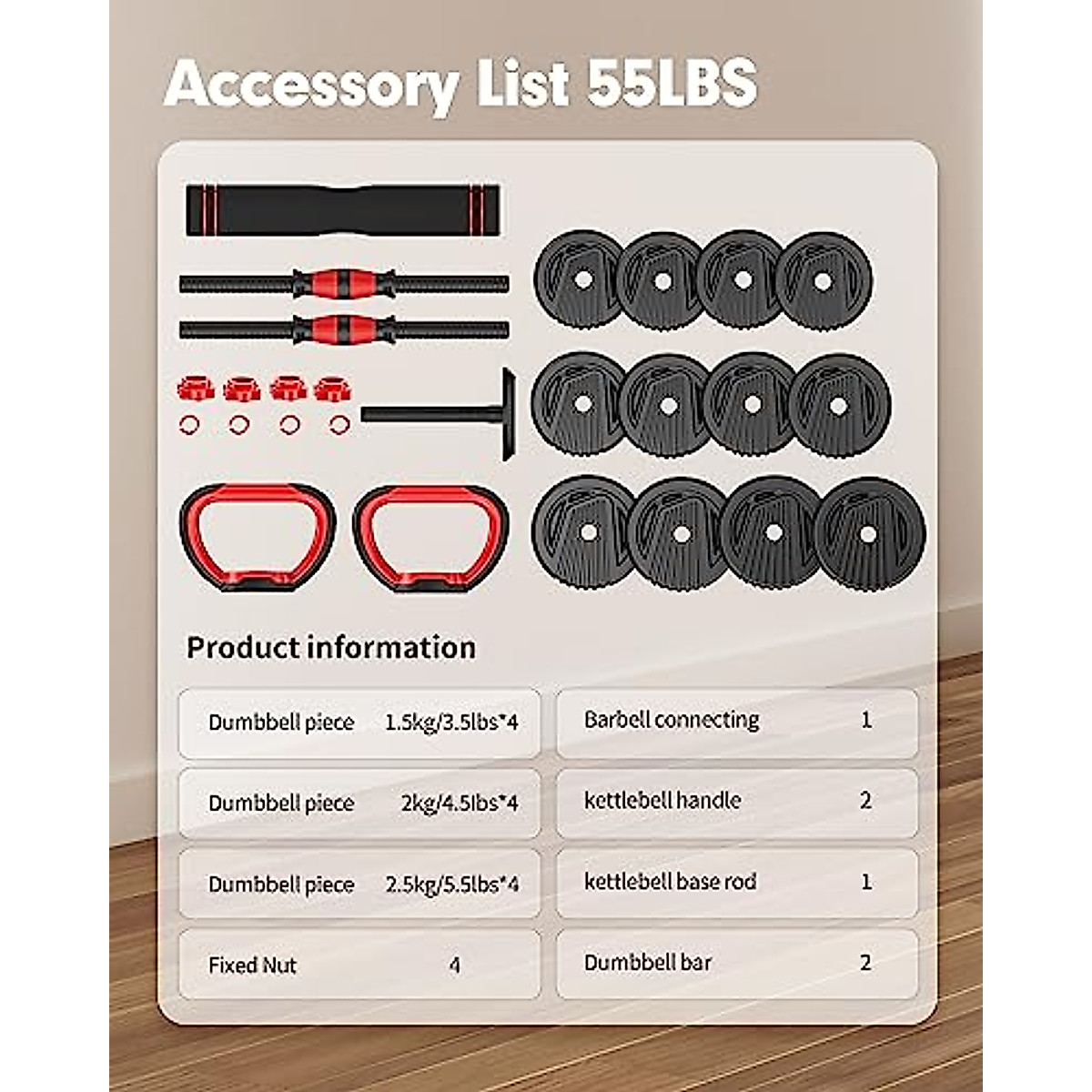 Trakmaxi Adjustable Dumbbell Set 20LB/55LB/70LBS Free Weights Dumbbells, 4 in 1 Weight Set, Dumbbell, Barbell, Kettlebell, Push-up, Home Gym Fitness Workout Equipment for Men Women(55LBS)