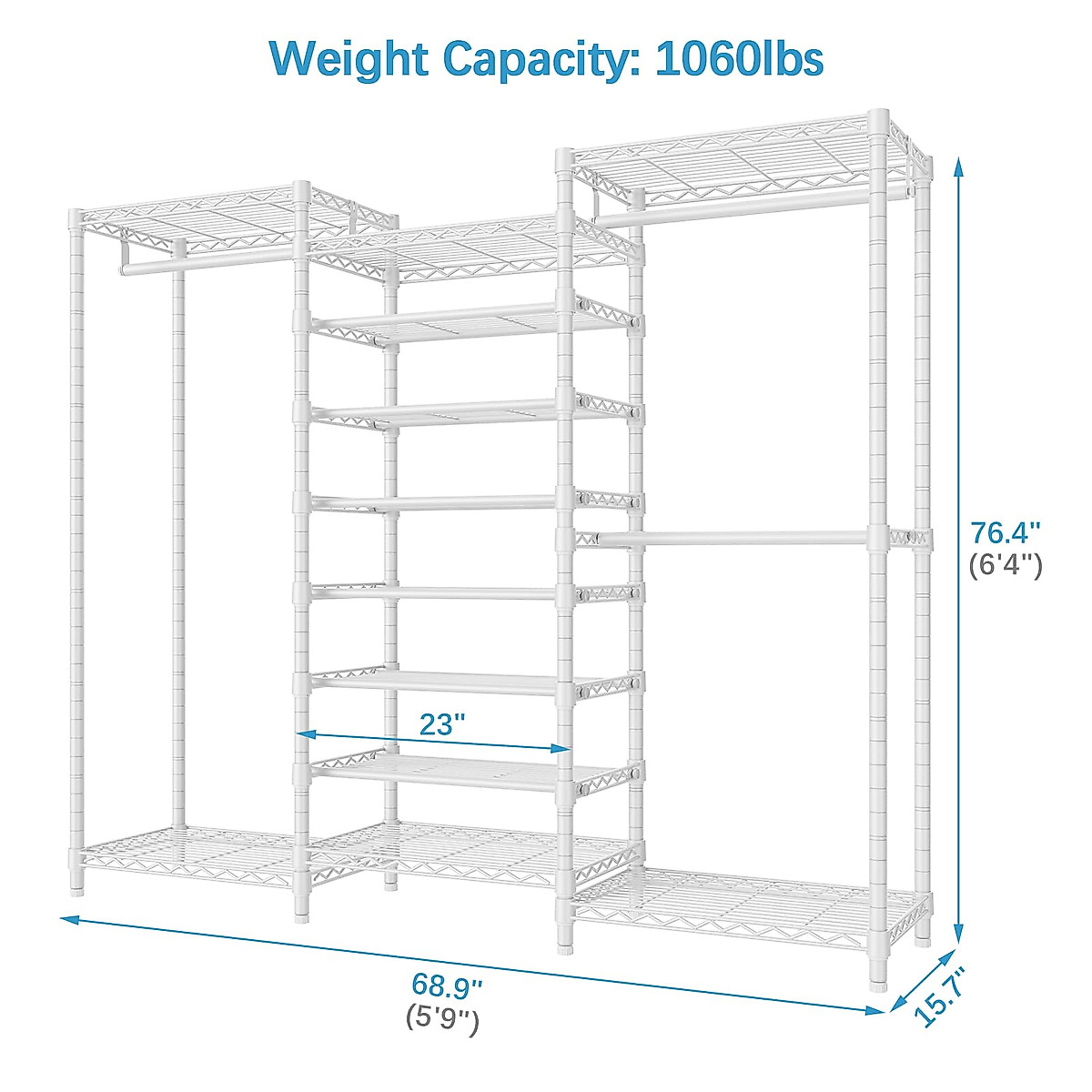 VIPEK S3 Freestanding Clothes Rack Heavy Duty Garment Rack 6-Tier Shoe Racks Closet Storage Organizer Large Wardrobe, Hanging Rod, Adjustable Metal Shelf, 68.9" L x 15.7" W x 76.4" H, White