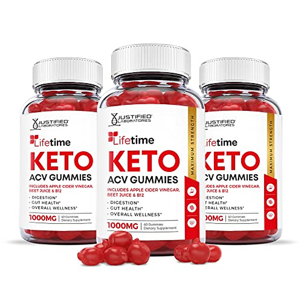 Justified Laboratories (3 Pack) Lifetime Keto ACV Boost Gummies 1000MG with Pomegranate Juice Beet Root B12 180 Gummys