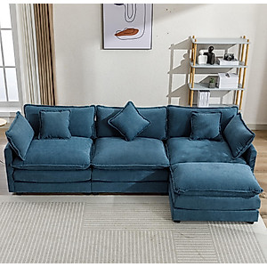 JIVOIT 112.2" L-Shape Chenille Upholstered Sofa with 5 Pillows, Modern Luxury Sofa Couch with Removable Ottoman, 3-Seater Couch Sectional Sofa Set for Living Room (Blue-5 Pillows)