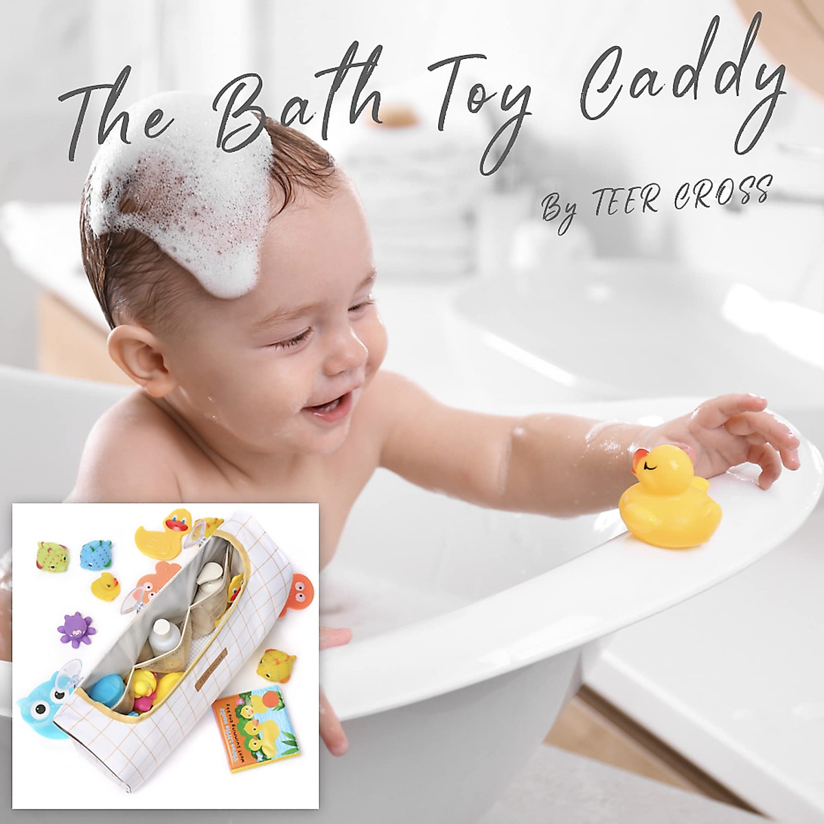 Large Bath Toy Storage with A Quick Dry Mesh Base. Sturdy Bath Toy Holder with 3 Strong Suction Cups. The Bath Toy Organizer Keeps Your Bathroom Tidy. Bathtub Toy Holder (Golden Check)