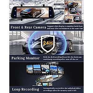 9.66" Mirror Dash Cam Front and Rear with Wireless CarPlay Android Auto Rear View Mirror Camera for Cars & Trucks, Enhanced Night Vision, IPS Touch Screen, Voice Control, Dual Cameras+32G Card, 7V-36V