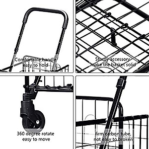 Goplus Folding Shopping Utility Cart, Double Basket and 360° Swivel Wheels, Adjustable Handle, Small Cart Perfect for Grocery Laundry Book Luggage Travel