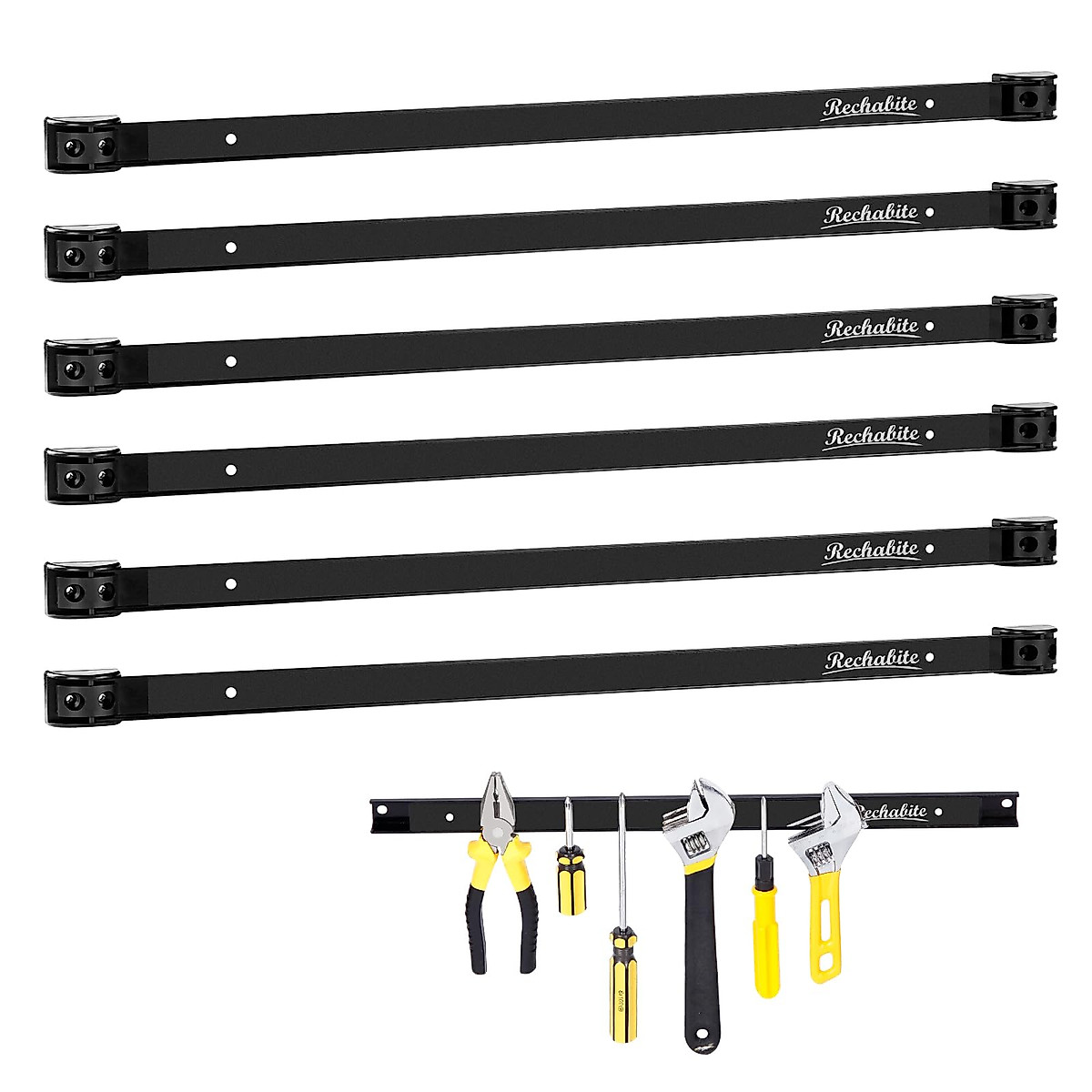 Rechabite 6 Pieces 24" Magnetic Tool Holder Strip, Black Magnet Bar, Metal Tool Organizer Rack for Garage Organization, Easy To Install in Workshop, Mounting Screws Included
