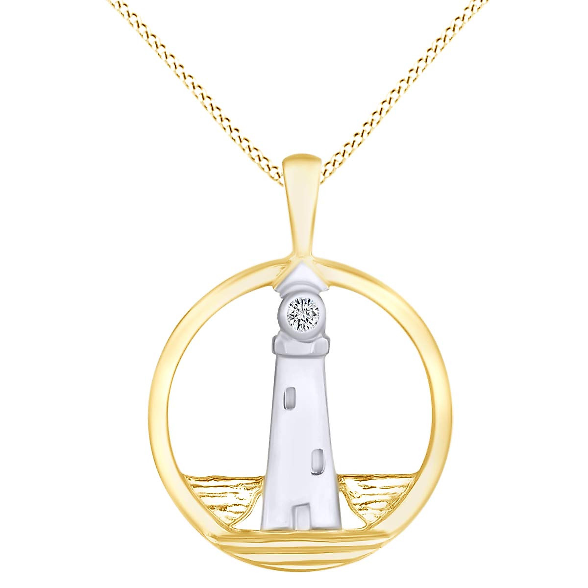 Round Shape White Natural Diamond Accent Two Tone Lighthouse Pendant Necklace In 10k Yellow Gold