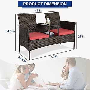 BPTD Outdoor Patio Loveseat Patio Furniture Set Rattan Patio Bistro Set Wicker Conversation Furniture Sets with Cushios and Built-in Coffee Table for Balcony, Lawn, Backyard (Brown/Red)