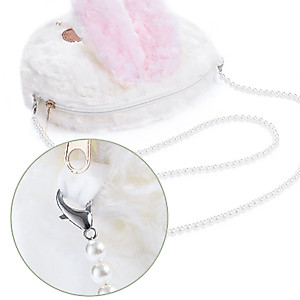 kawaii bunny Crossbody bag,cartoon Plush Rabbit wallets,cute Lolita Handbag for women, Lovely Fluffy animal purse (pearl chain) white