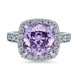 BERRICLE Sterling Silver Halo Purple Cushion Cut Cubic Zirconia CZ Statement Cocktail Fashion Ring for Women, Rhodium Plated Size 9